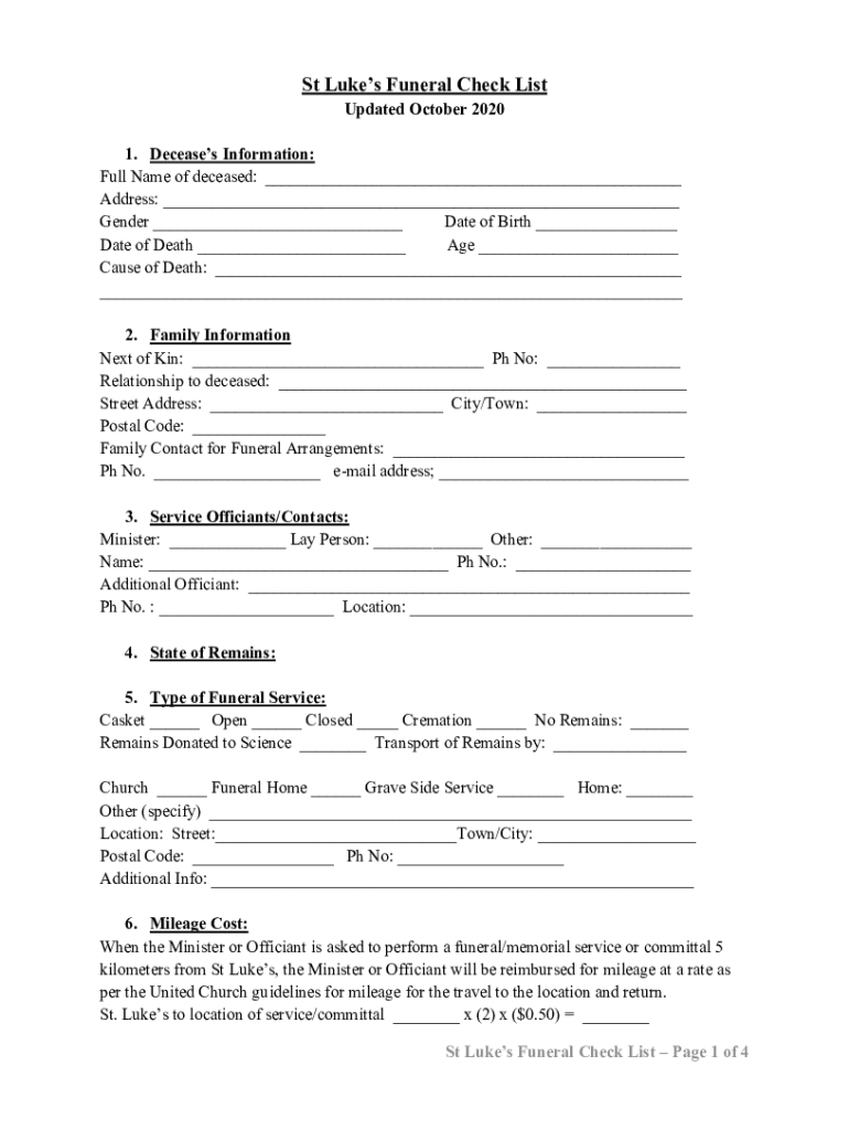 Fillable Online St Luke's Funeral Check List Fax Email Print - pdfFiller