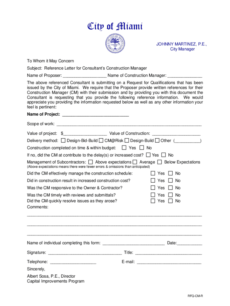 Fillable Online Reference Letter for Consultant's Construction Manager ...