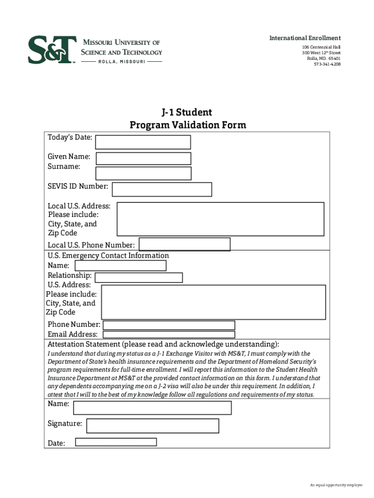Fillable Online international mst J-1 Student Program Validation Form ...