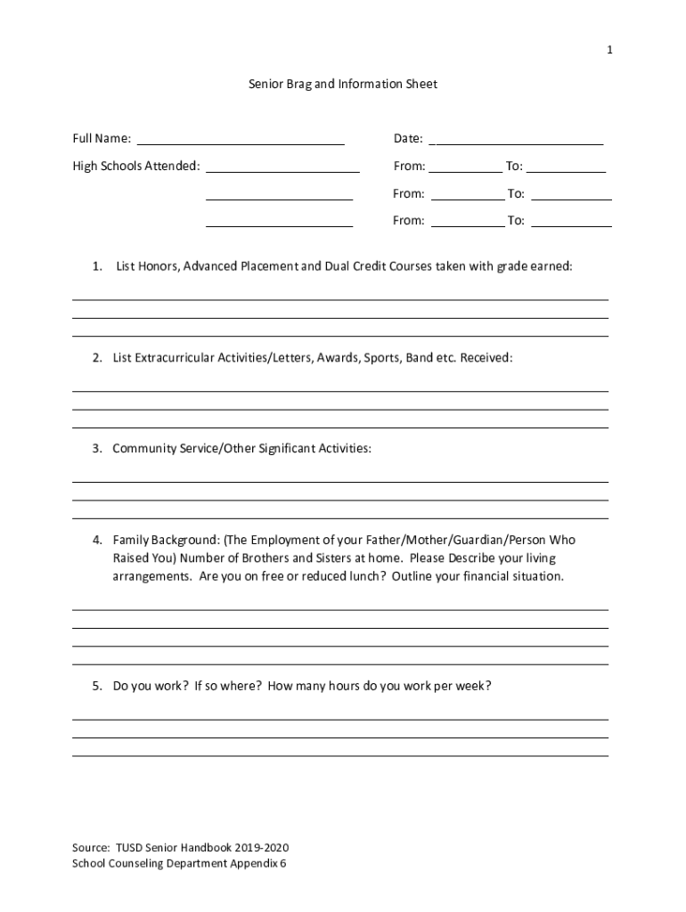 Fillable Online Senior Brag and Information Sheet. Resume form for ...