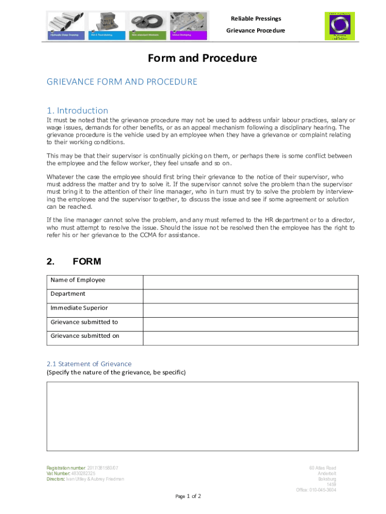 Fillable Online GRIEVANCE FORM AND PROCEDURE ... Fax Email Print - pdfFiller