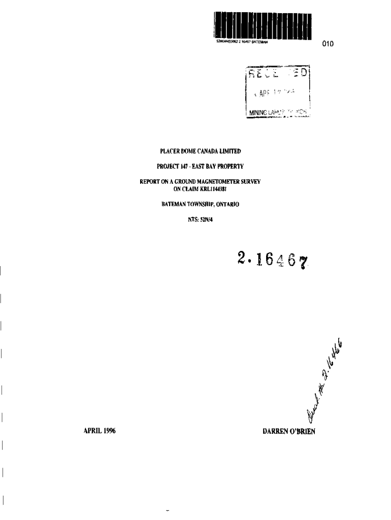 Fillable Online RPT ON A GROUND MAG SURVEY ON CLAIM KRL1144381PROJ 147 ...