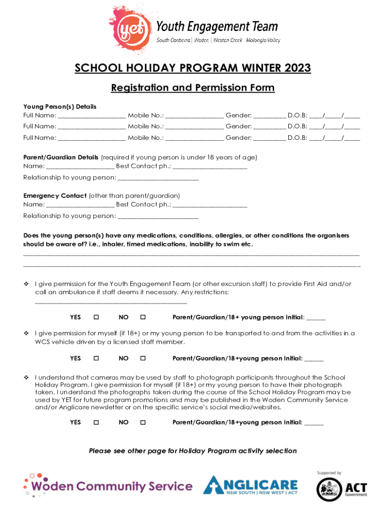 Fillable Online School Holiday Program Registration and Permission Form ...