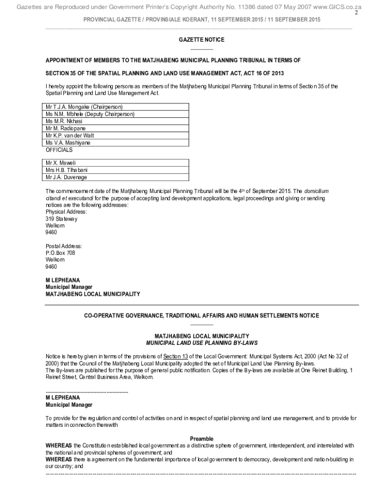 Fillable Online Gazettes are Reproduced under Government Printer's ...