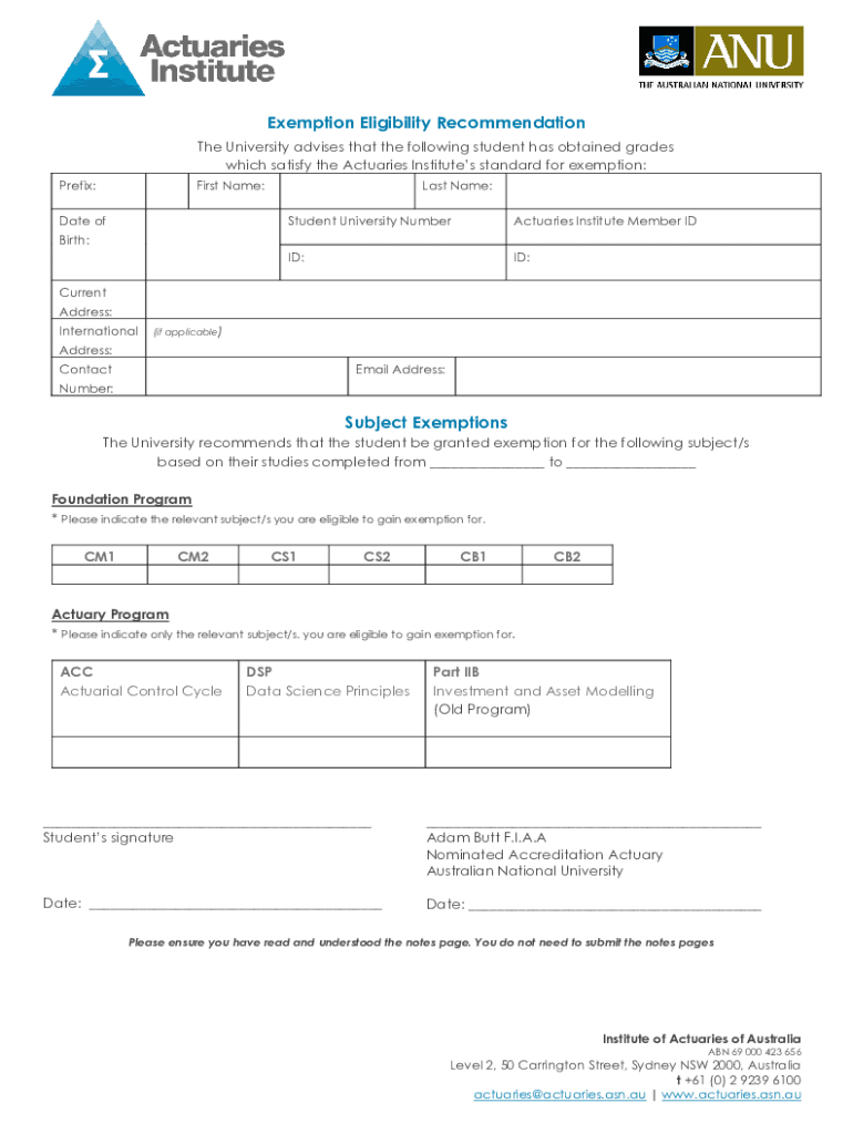 Fillable Online cbe anu edu Exemption Eligibility Recommendation Part I, Part II, and ... Fax ...