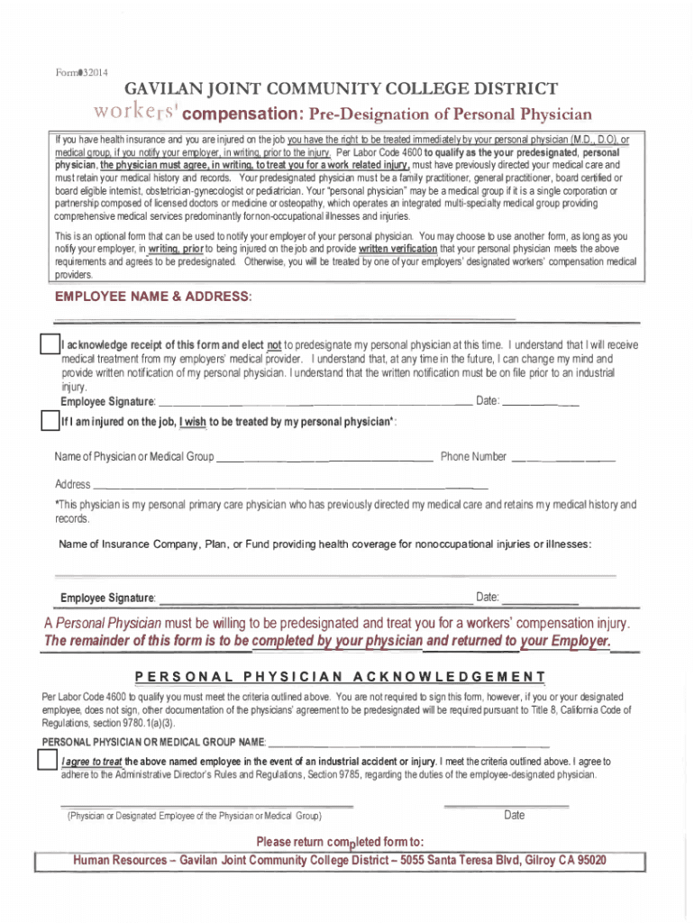 Fillable Online PERSONAL PHYSICIAN PRE-DESIGNATION FOR WORK ... Fax ...