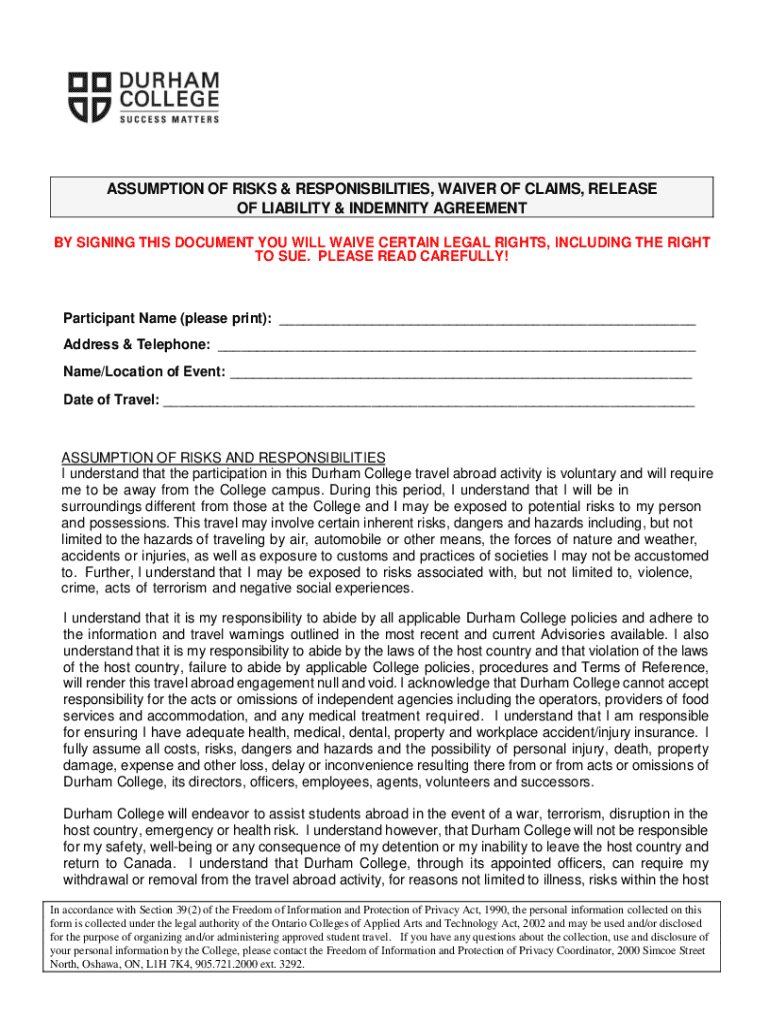 Fillable Online assumption of risks & responisbilities, waiver of ...