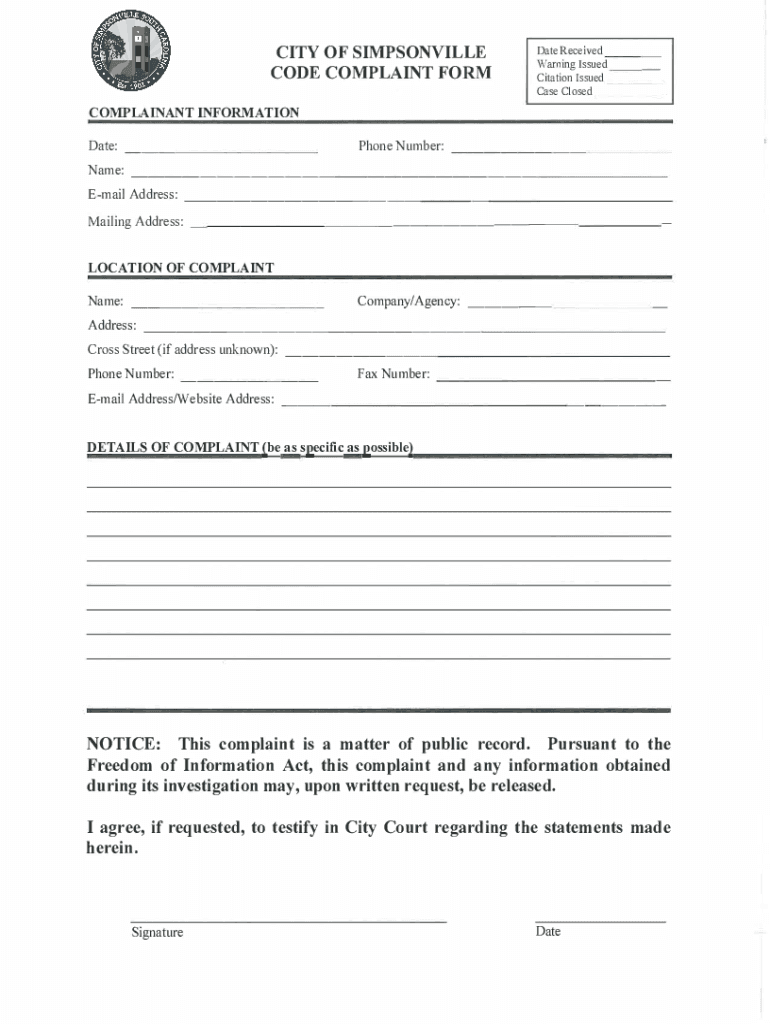 Fillable Online city of simpsonville code complaint form Fax Email ...
