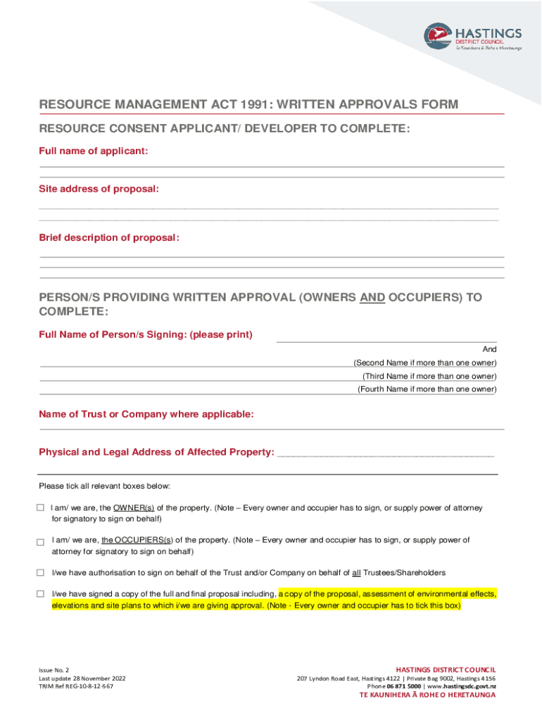 Fillable Online written approvals form - resource consent applicant Fax ...