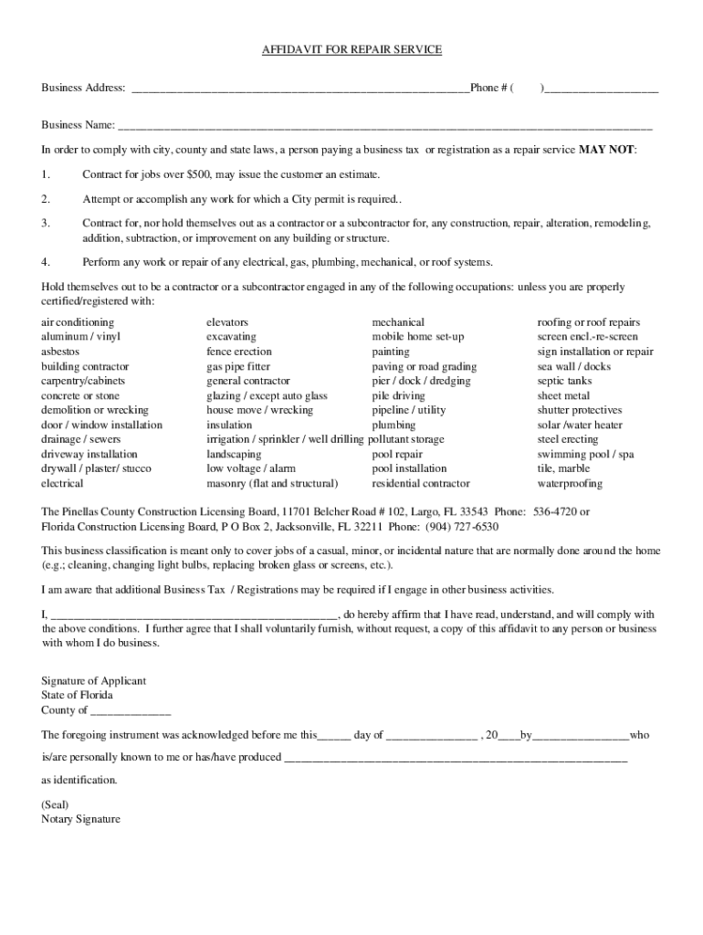 Fillable Online AFFIDAVIT FOR REPAIR SERVICE Business Address Fax Email ...