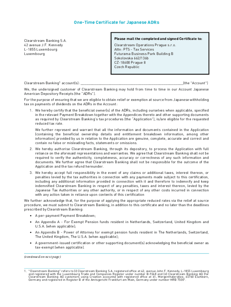 Fillable Online One-Time Certificate for Japanese ADRs Fax Email Print ...