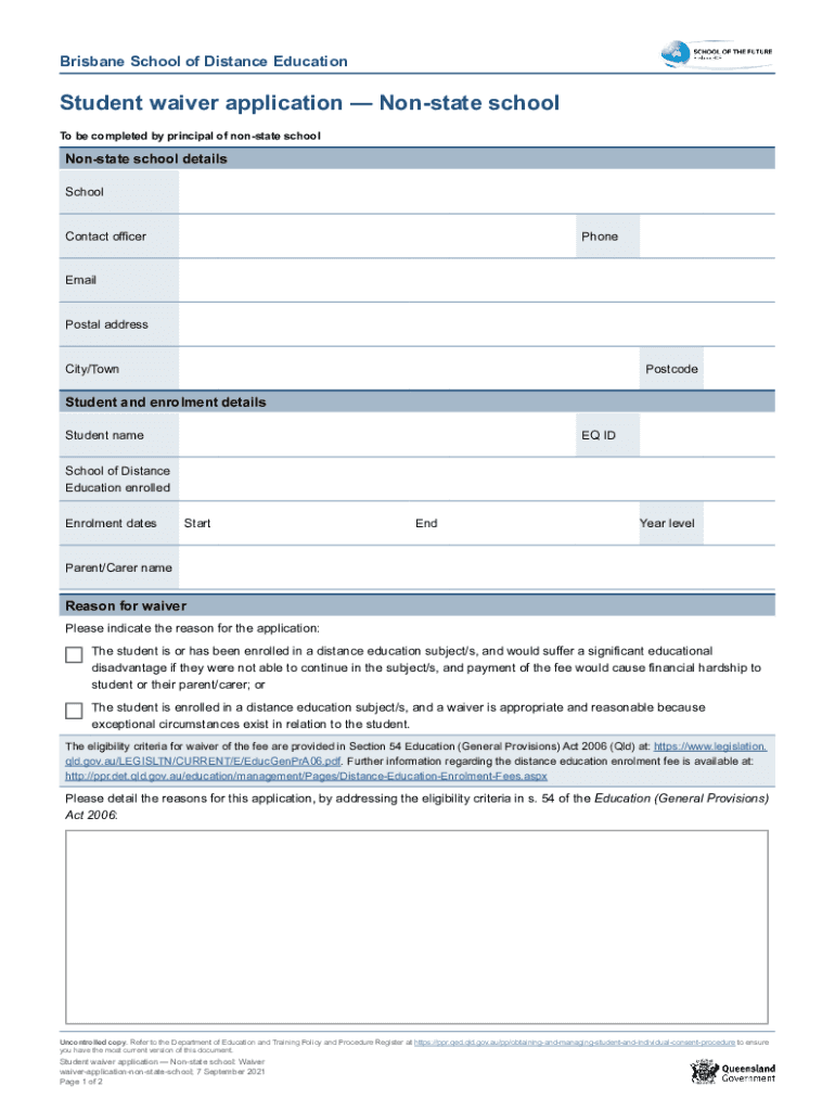Fillable Online Student waiver application Non-state school Fax Email ...