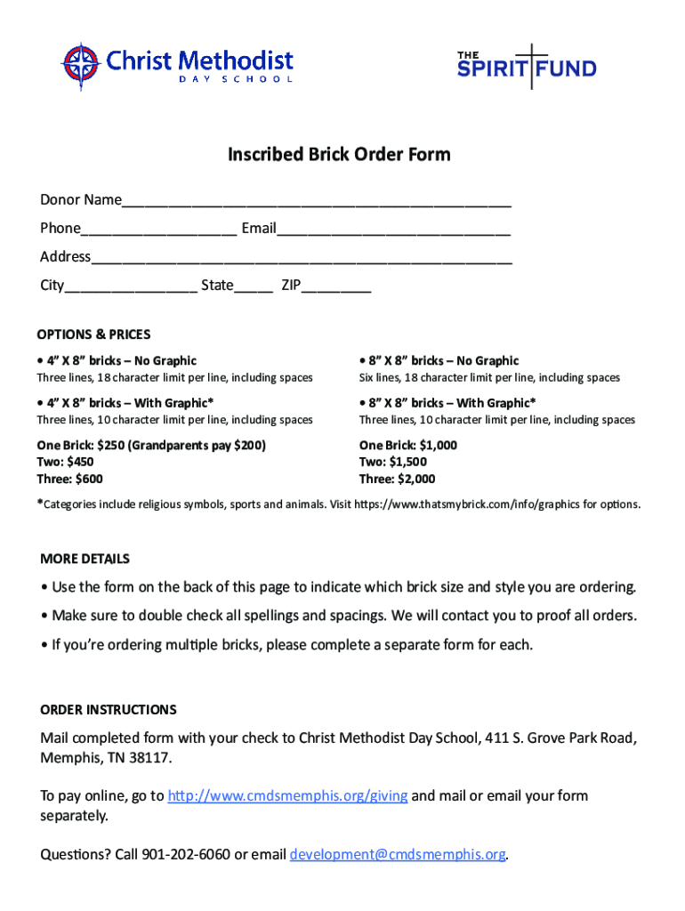 Fillable Online Printable Order Form - Brick Dedications Fax Email ...