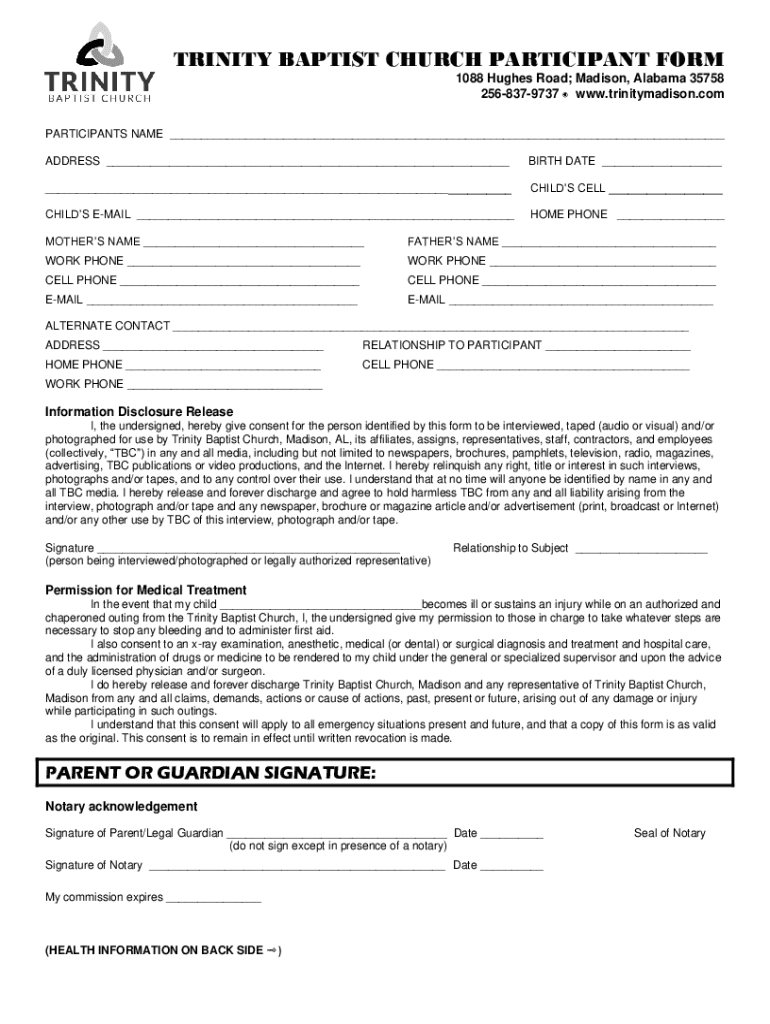 Fillable Online TRINITY BAPTIST CHURCH PARTICIPANT FORM Fax Email Print ...