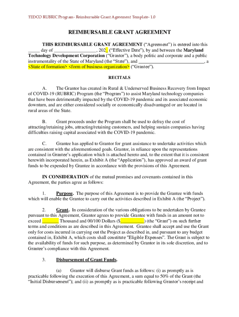 Fillable Online Reimbursable Grant Agreement Template- 1.0 Fax Email ...