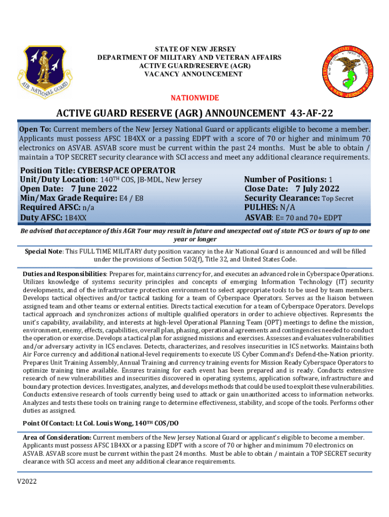 Fillable Online ACTIVE GUARD RESERVE (AGR) ANNOUNCEMENT 43- ... Fax Email Print - pdfFiller