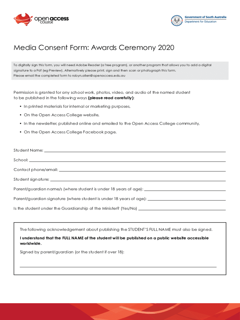Fillable Online Media Consent Form: Awards Ceremony 2020 Fax Email ...