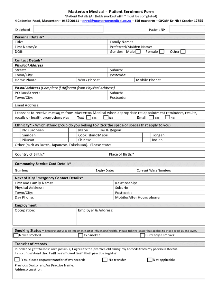 Fillable Online Masterton Medical - Patient Enrolment Form Fax Email ...