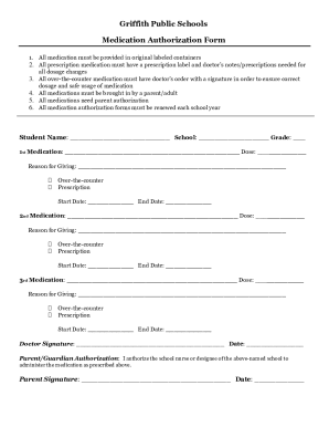 Fillable Online Griffith Public Schools Medication Authorization Form ...