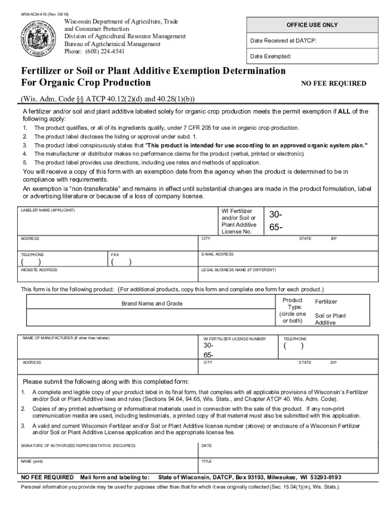 Fillable Online docs legis wisconsin Fertilizer or Soil or Plant Additive Exemption ...