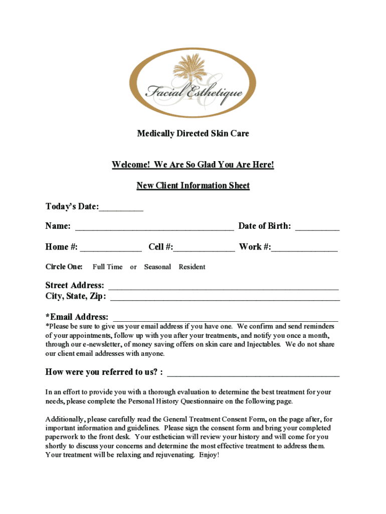 Fillable Online Medically Directed Skin Care Welcome! We Are So Glad ... Fax Email Print - pdfFiller