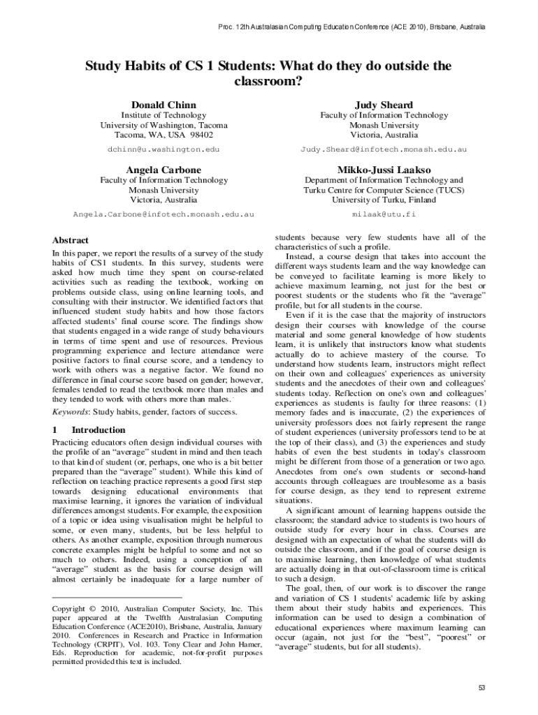 Fillable Online crpit scem westernsydney edu (PDF) Study habits of CS1 students: what do they do ...