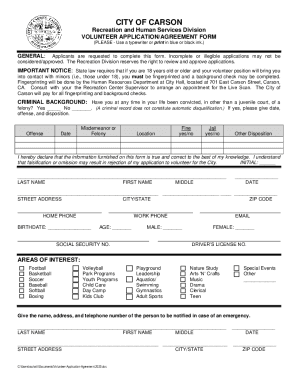 Fillable Online ci carson ca Volunteer Application/Agreement Form Fax Email Print - pdfFiller