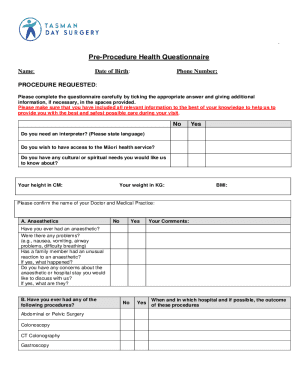 Fillable Online Pre-Procedure Health Questionnaire Online Form Fax ...