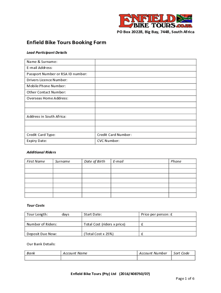 Fillable Online Enfield Bike Tours Booking Form Fax Email Print - pdfFiller