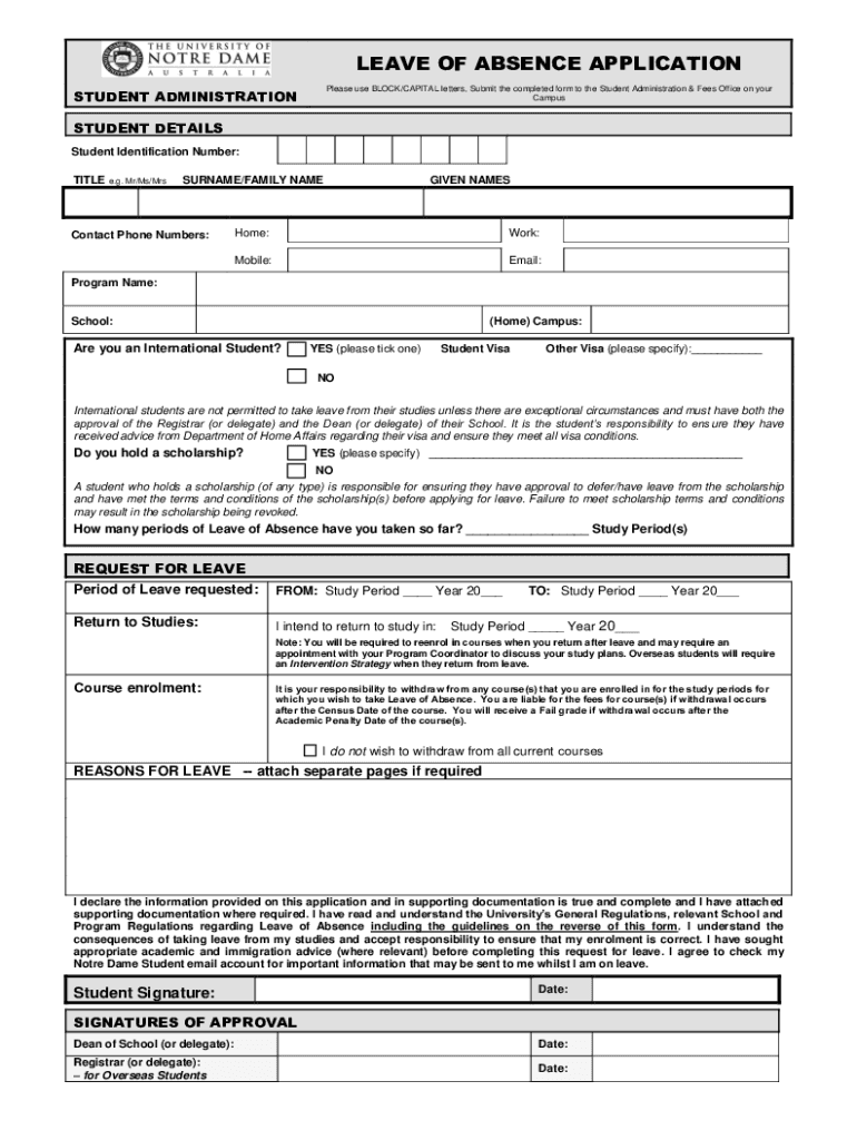 Fillable Online LEAVE OF ABSENCE APPLICATION - University of Notre Dame ...