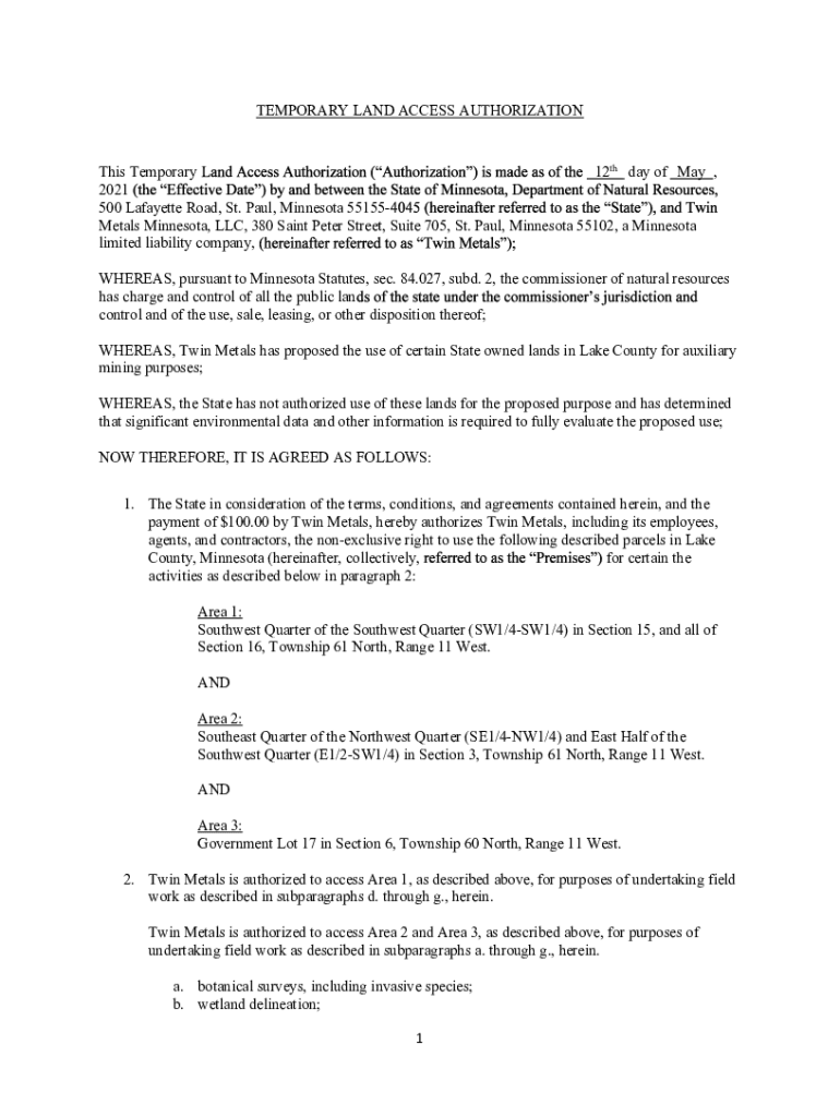 Fillable Online files dnr state mn temporary land access authorization Fax Email Print - pdfFiller