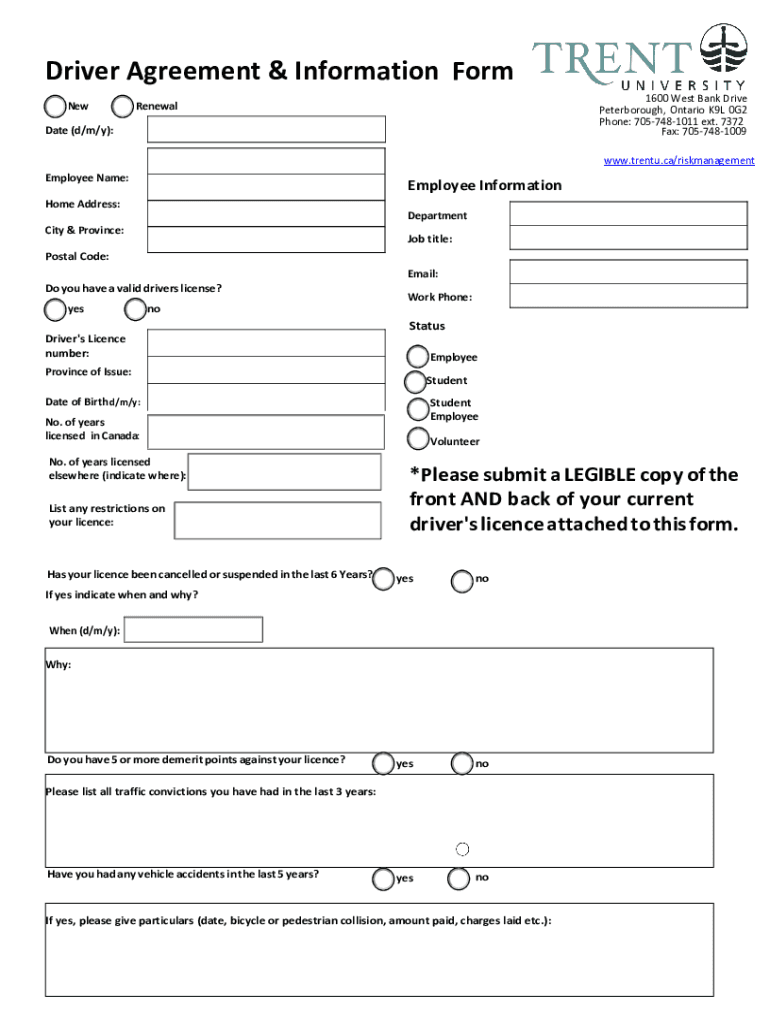Fillable Online Template DRIVER'S AGREEMENT I have agreed to act as ...