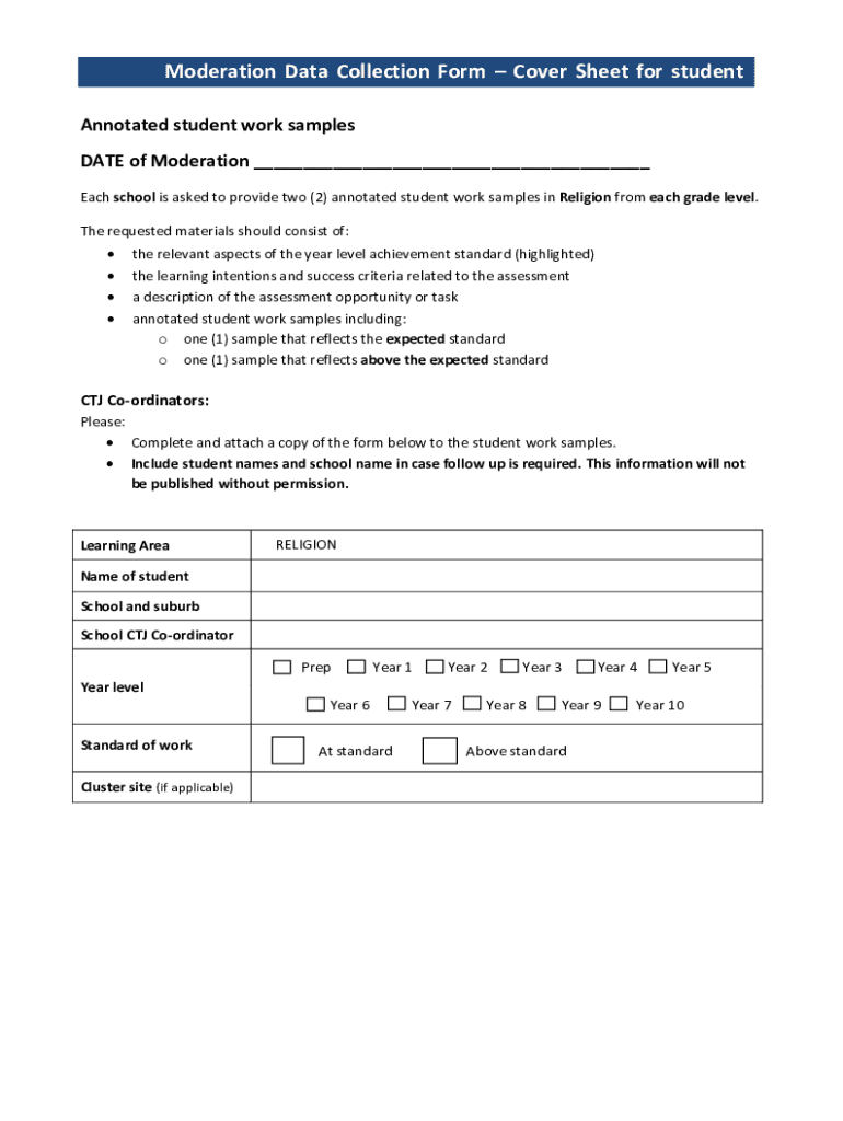 Fillable Online Moderation Data Collection Form Cover Sheet for student ...
