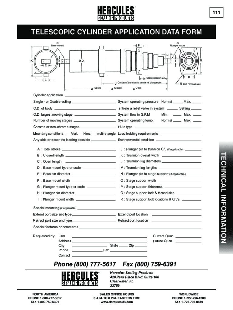 Fillable Online TELESCOPIC CYLINDER APPLICATION DATA FORM Fax Email ...