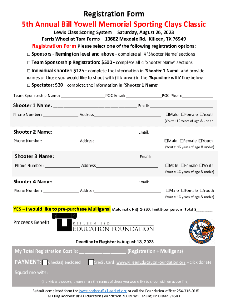 Fillable Online Registration Form 5th Annual Bill Yowell Memorial ...
