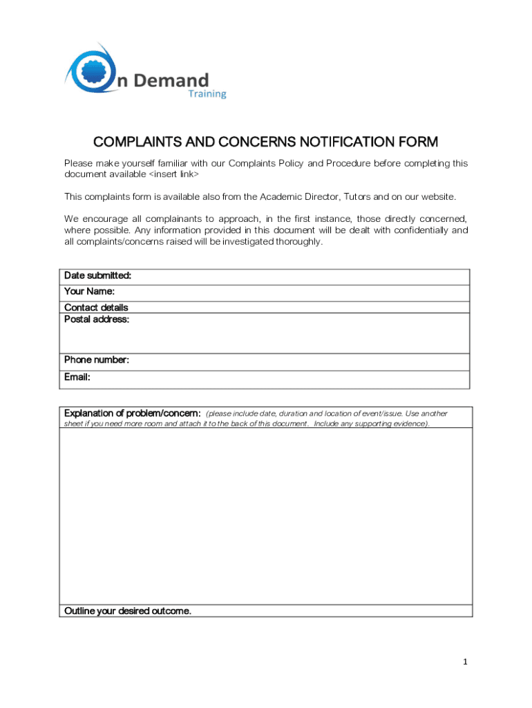 Fillable Online COMPLAINTS AND CONCERNS NOTIFICATION FORM Fax Email ...