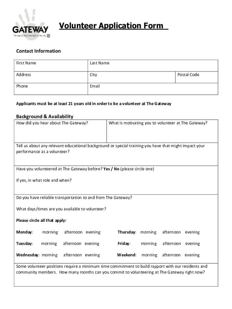 Fillable Online Volunteer Application Form - The Gateway Fax Email ...