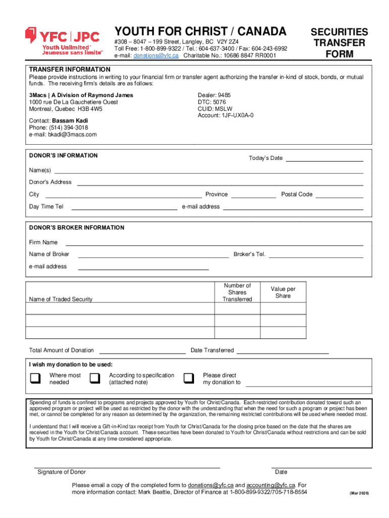 Fillable Online YFC-Canada-Securities-Transfer-Form. ... Fax Email ...