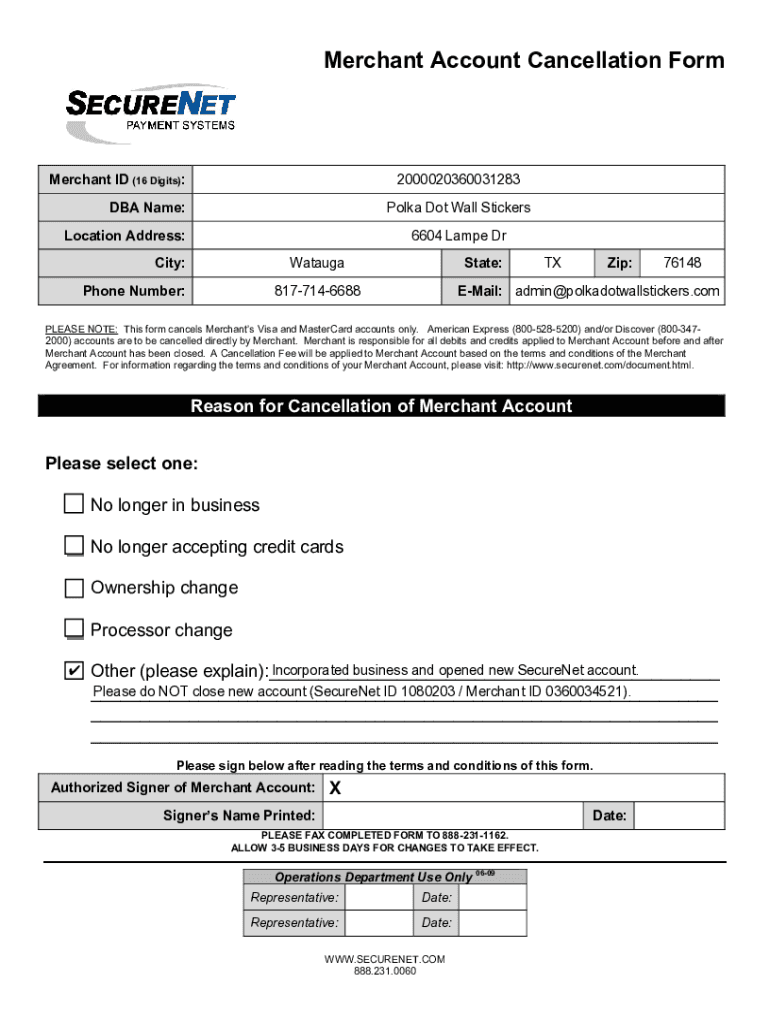Fillable Online Merchant Account Cancellation Form Fax Email Print ...