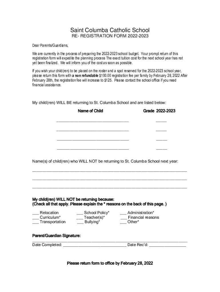 Fillable Online Saint Columba Catholic School - RE- REGISTRATION FORM ...