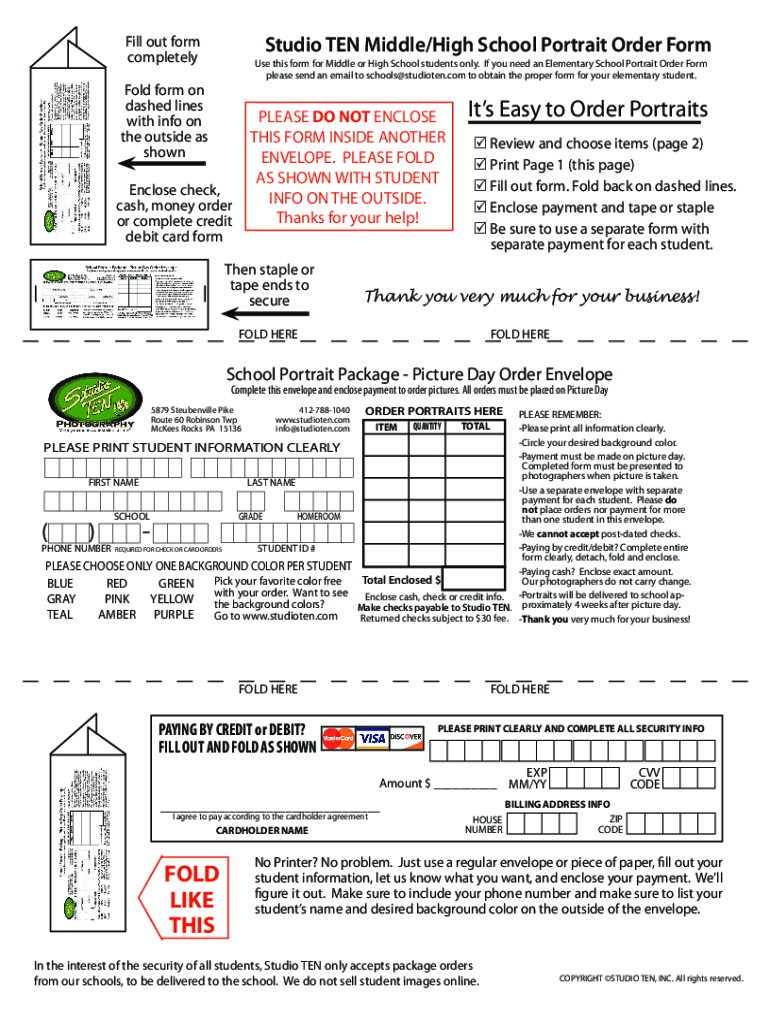 Fillable Online Studio TEN High/Middle School Portrait Order Form Fax ...
