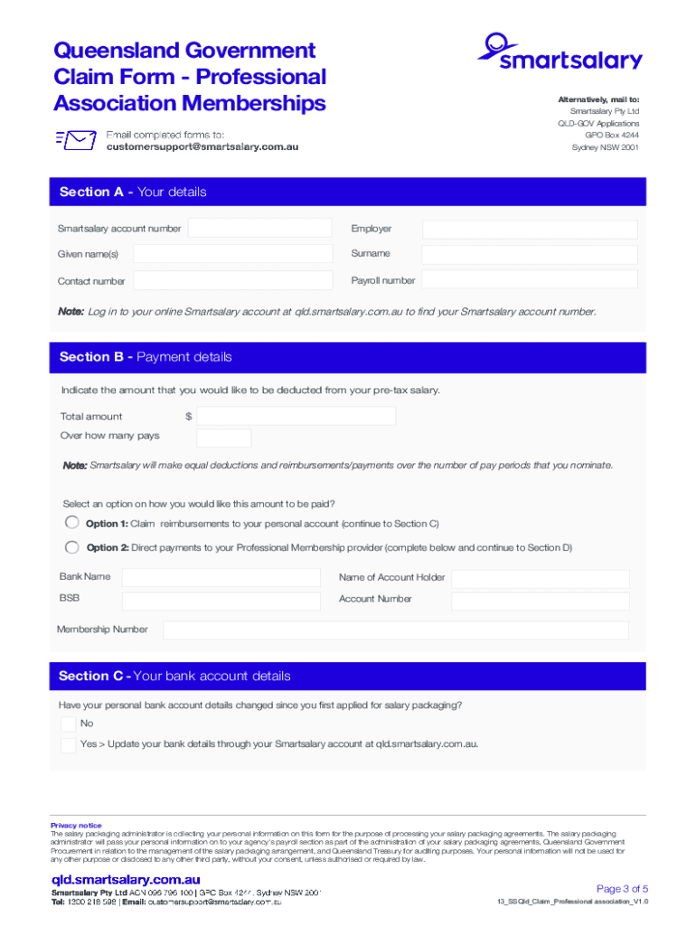 Fillable Online Queensland Government Claim Form - Professional ... Fax ...