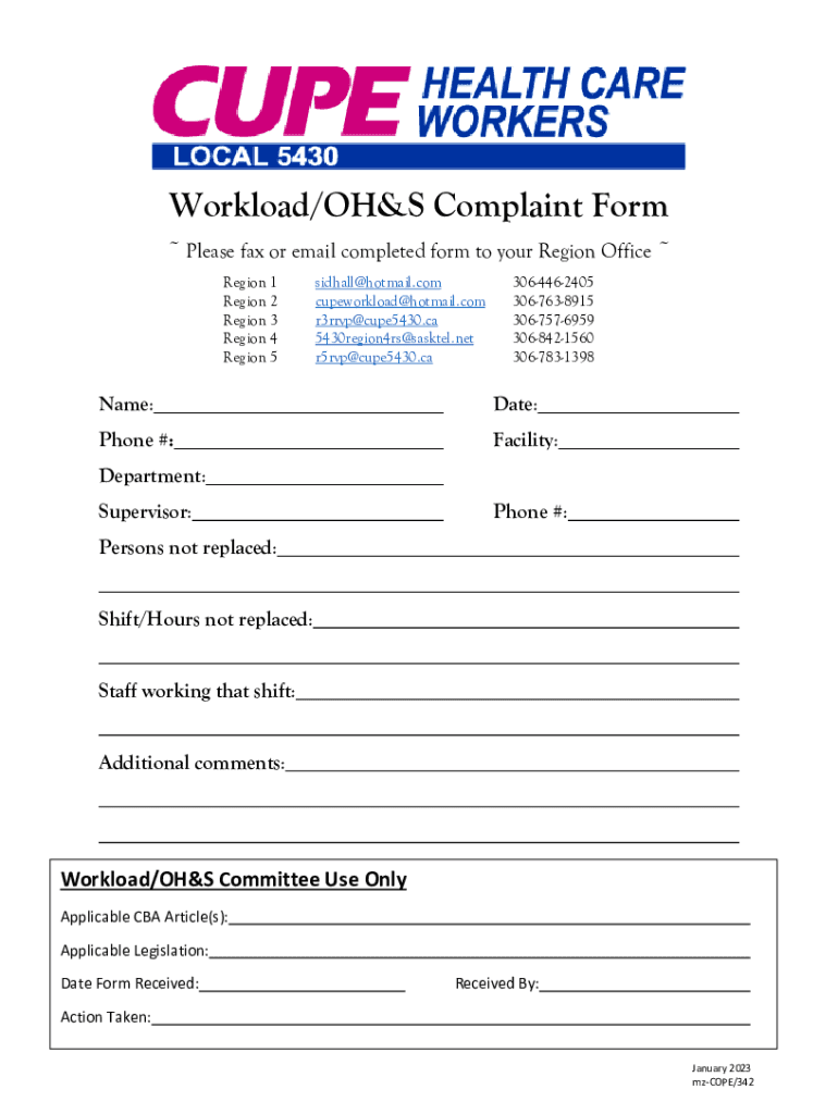 Fillable Online Workload/OH&S Complaint Form Fax Email Print - pdfFiller