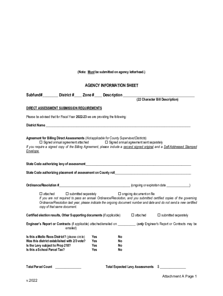Fillable Online AGENCY INFORMATION SHEET Subfund# District Fax Email ...