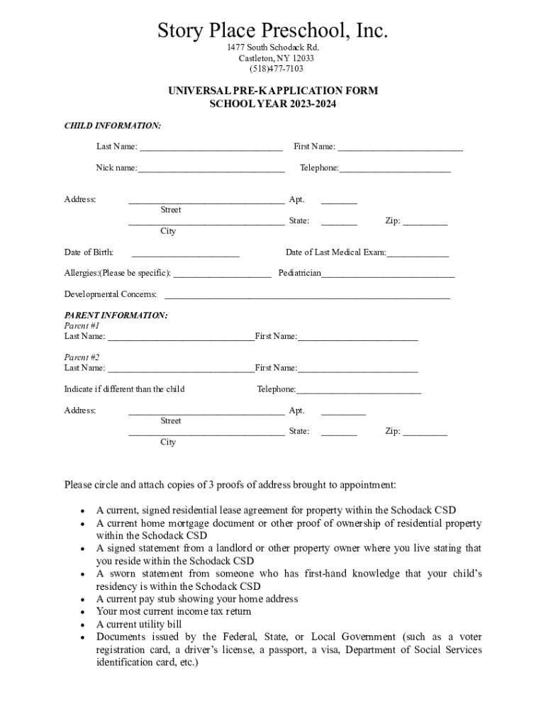Fillable Online Pre-Kindergarten Application Form for 2023-2024 Fax ...