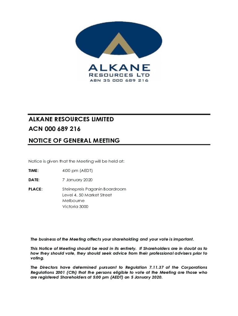 Fillable Online ALKANE RESOURCES LIMITED ACN 000 689 216 NOTICE OF ...