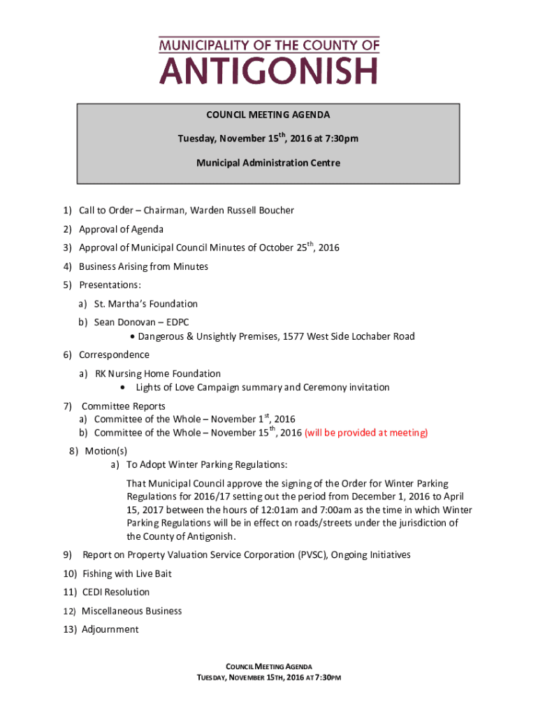 Fillable Online Chairman, Warden Russell Boucher 2) Approval of Agenda ...