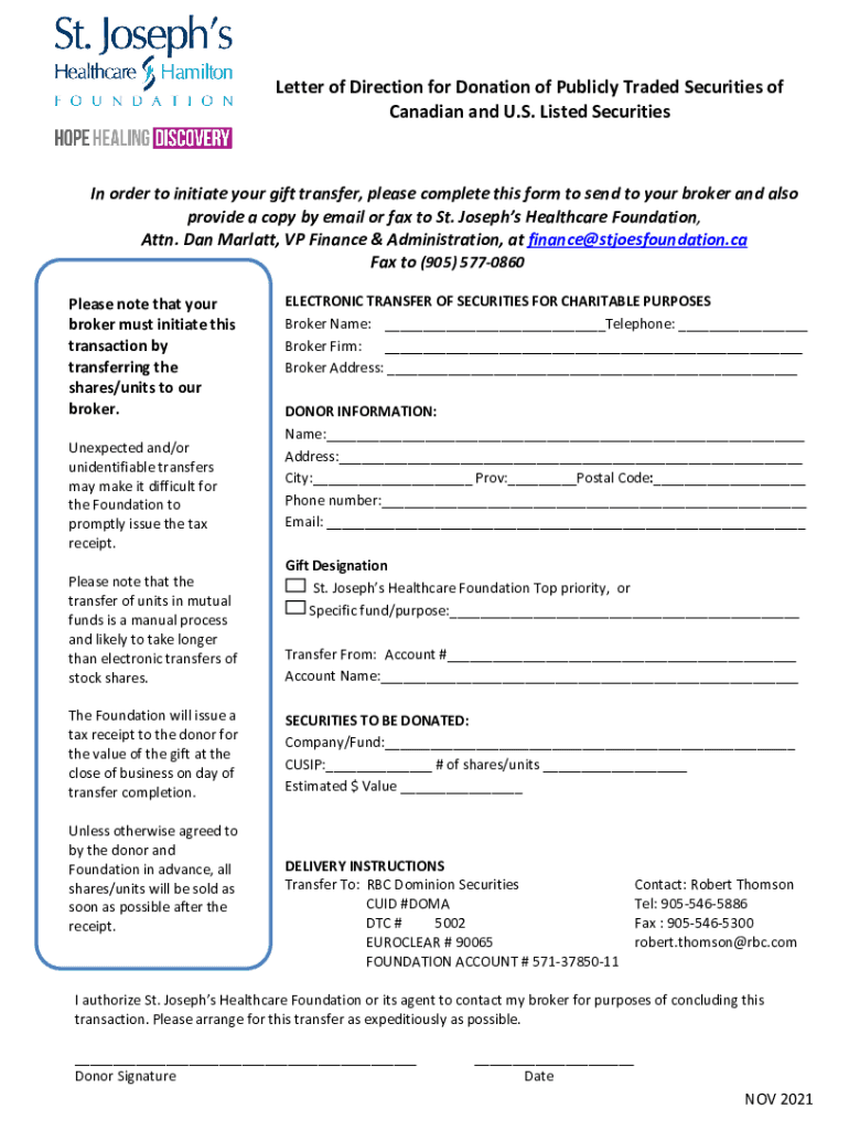 Fillable Online Letter of Direction for Donation of Publicly Traded ...