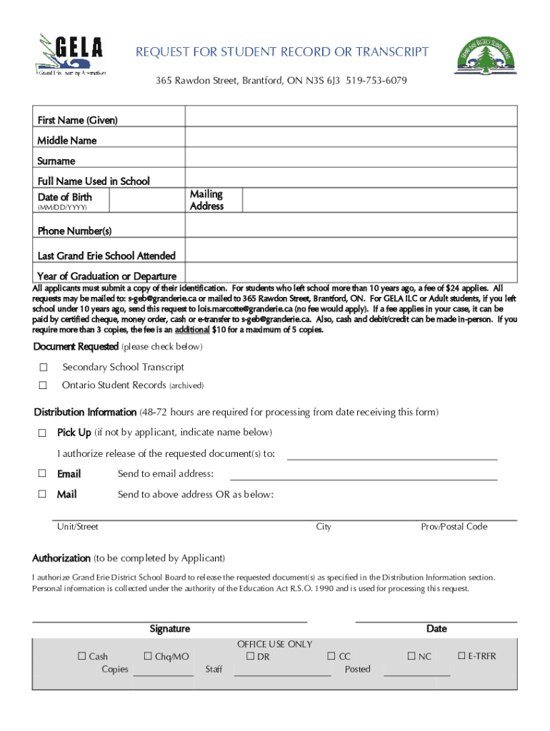 Fillable Online REQUEST FOR STUDENT RECORD OR TRANSCRIPT Fax Email ...