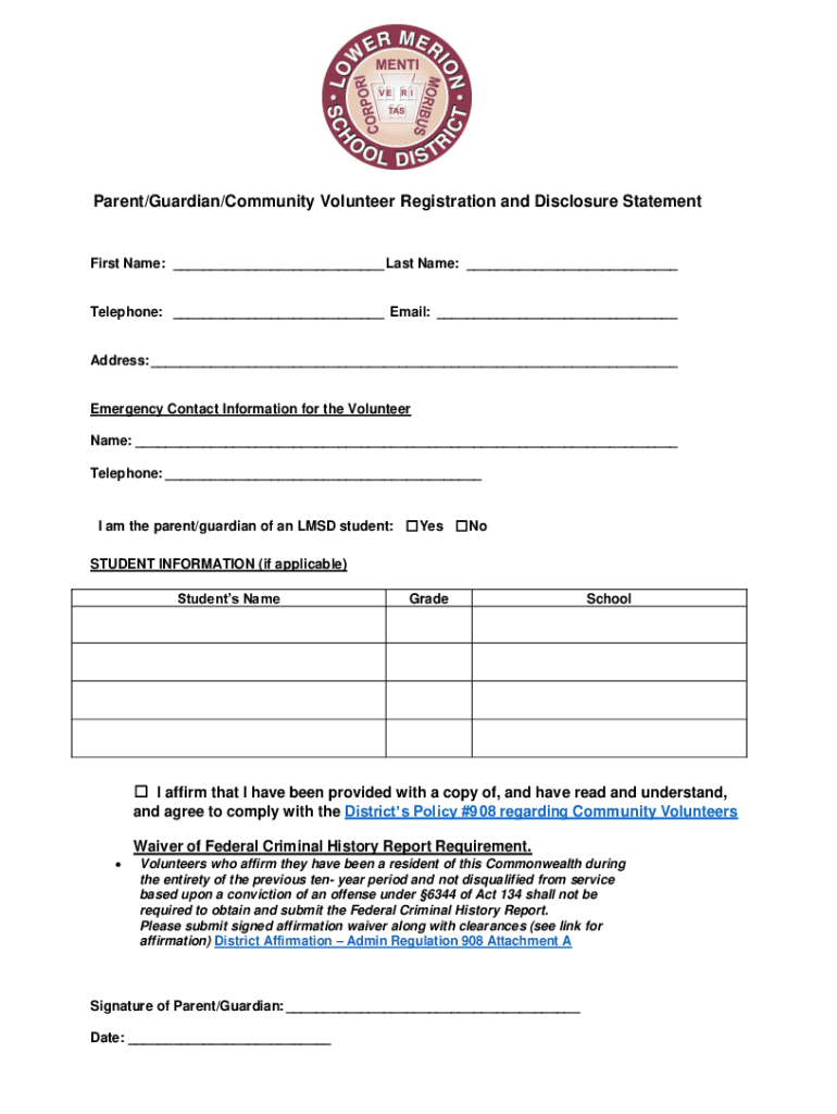 Fillable Online LMSD Volunteer Registration and Disclosure Statement Fax Email Print - pdfFiller